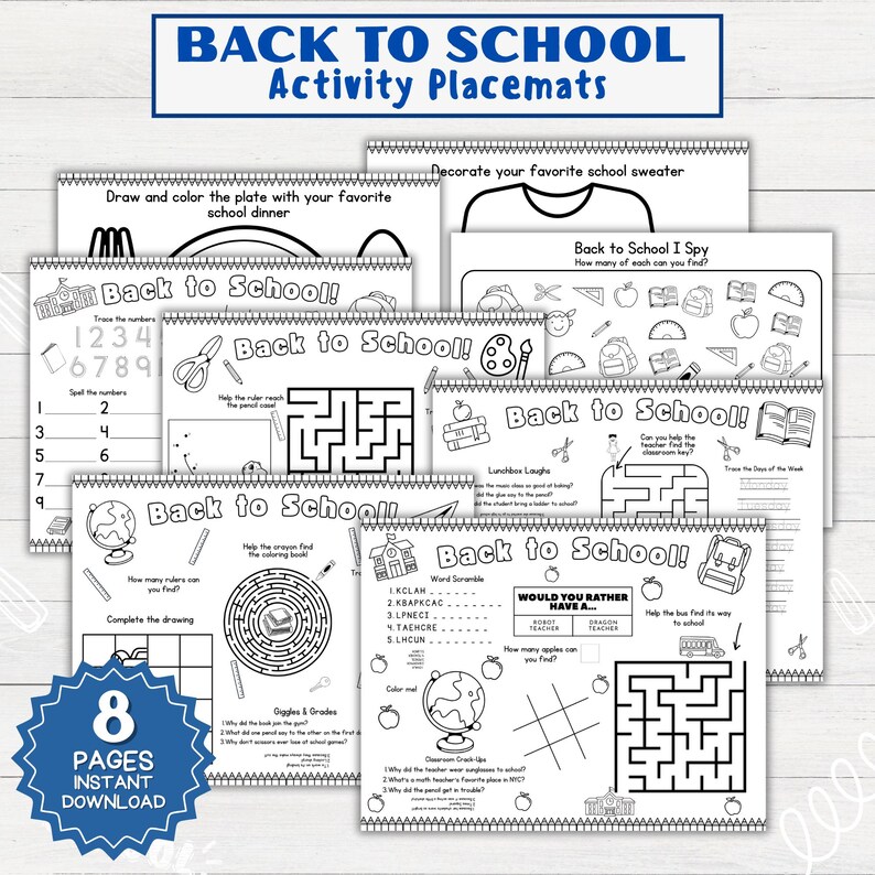 Back to School Activity Placemats: Printable Coloring Mats for Kids ...