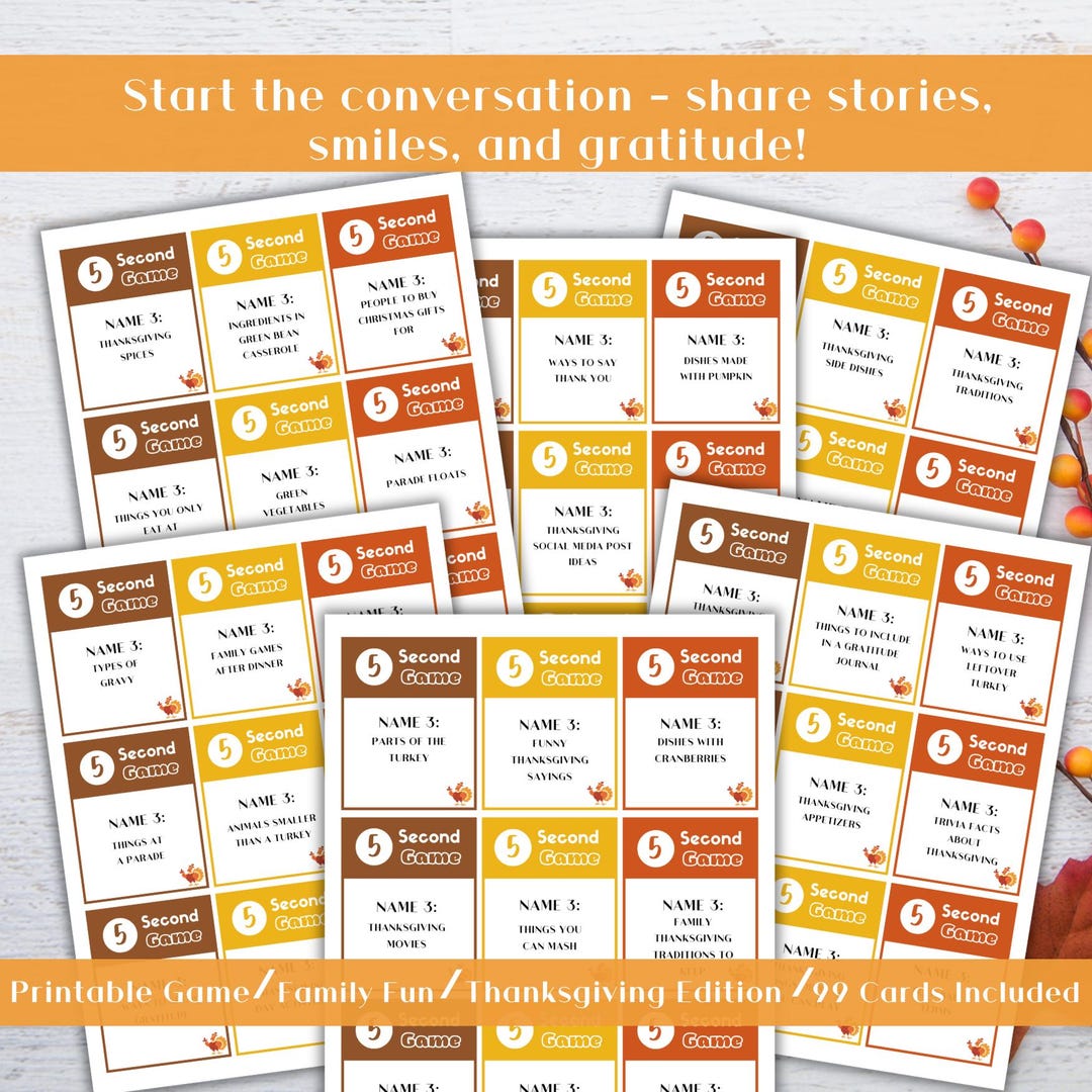Thanksgiving 5 Seconds Game | Family Fun, 99 Cards (PDF) - Etsy