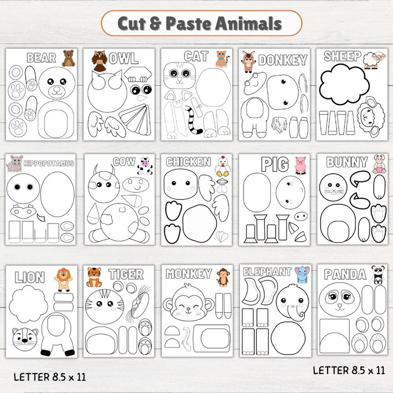 Animal Cut and Paste Crafts: 15 DIY Printable Activities (PDF Download ...