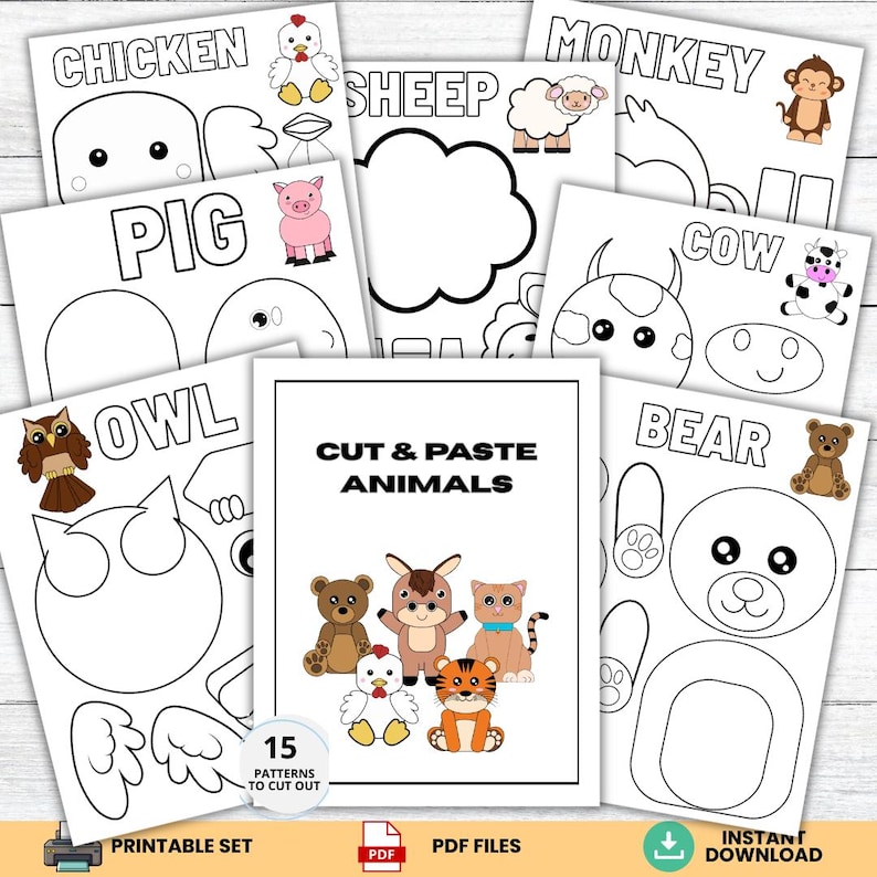 Animal Cut and Paste Crafts: 15 DIY Printable Activities (PDF Download ...