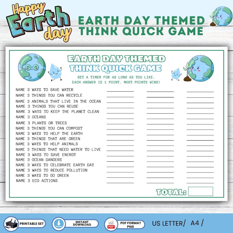 Earth Day Think Quick Game, Printable Classroom Activity, Group ...