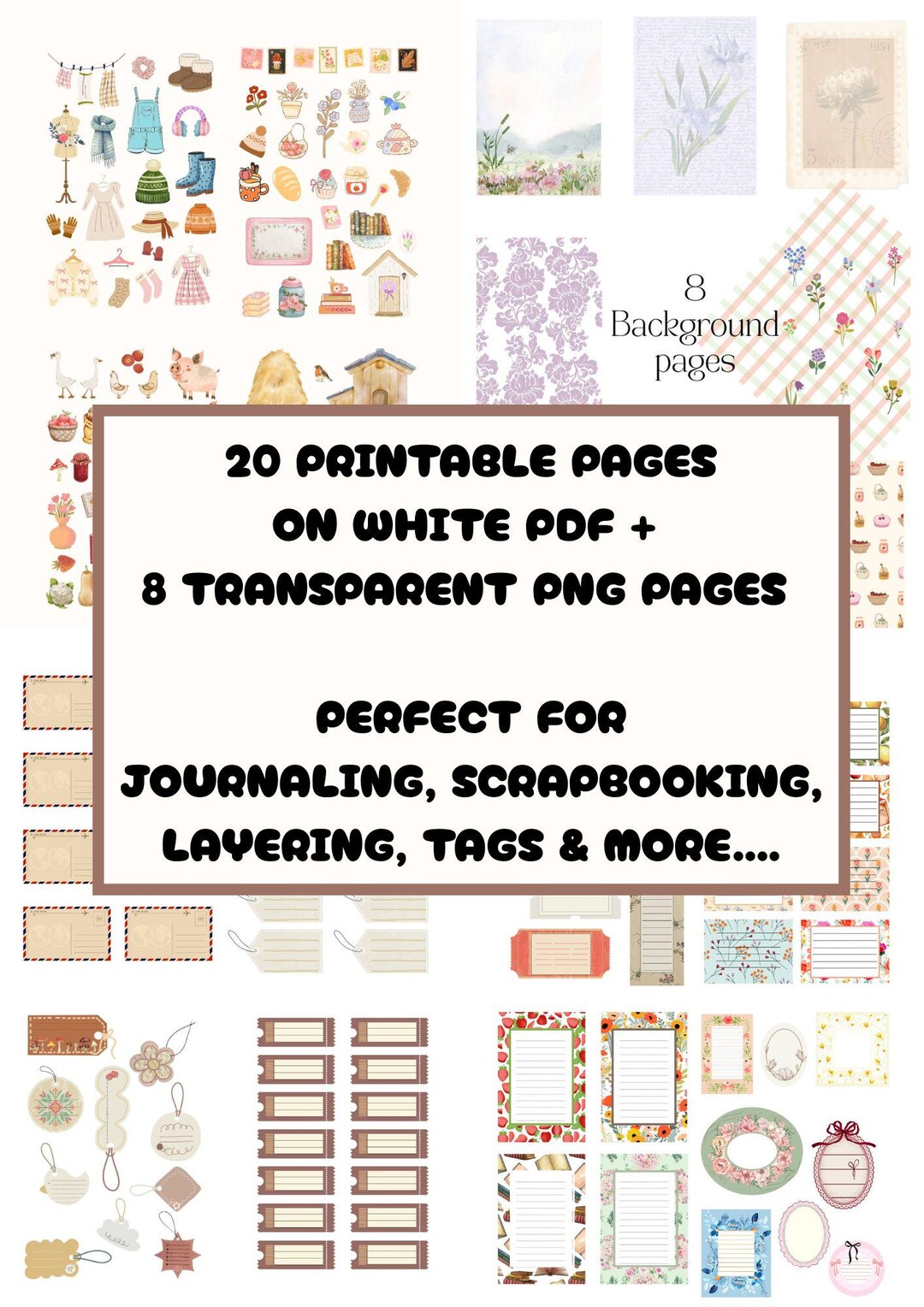 Cottage Core Scrapbook Kit: Floral, Bees, Strawberries (PDF & PNG) - Etsy