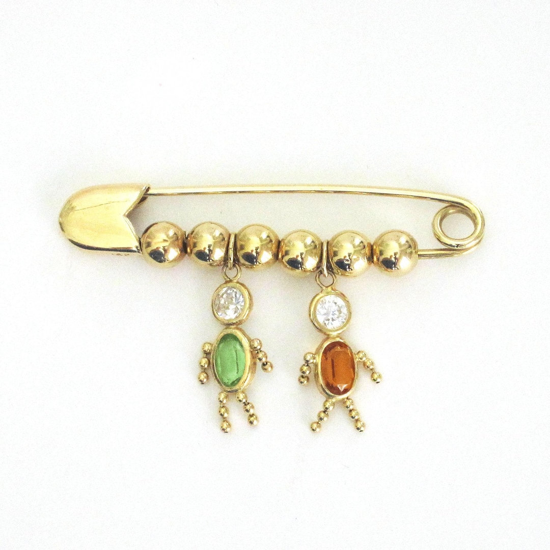 14K Yellow Gold Safety Pin Brooch: Vintage August Peridot & November ...