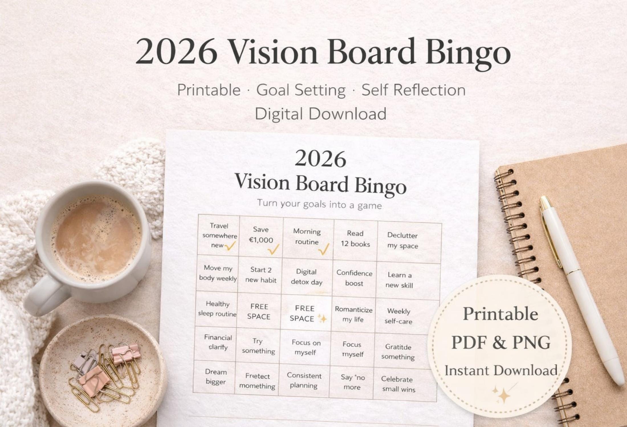 2026 Vision Board Bingo / Printable New Year Goals Card / Motivation ...