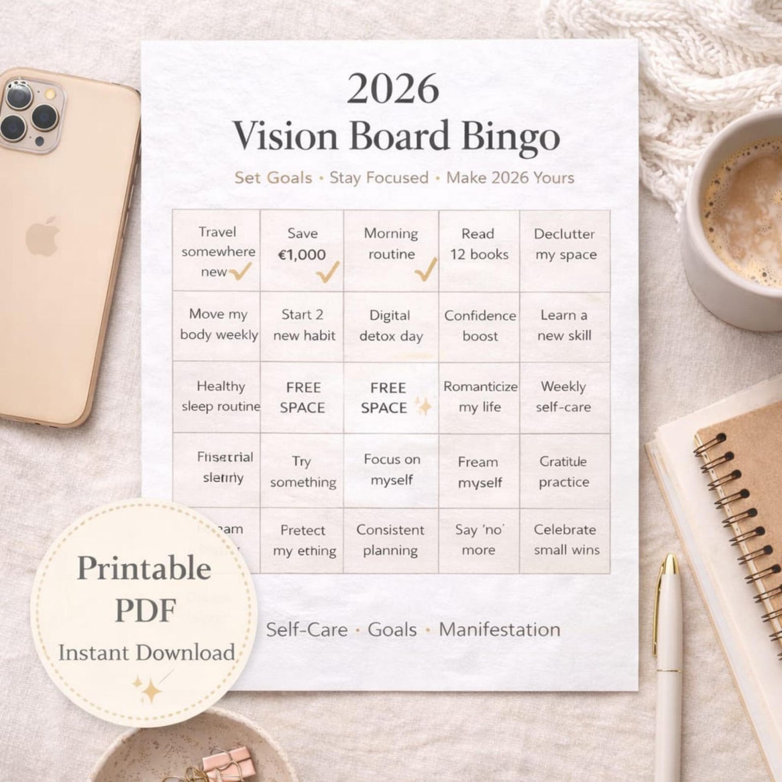 2026 Vision Board Bingo / Printable New Year Goals Card / Motivation ...