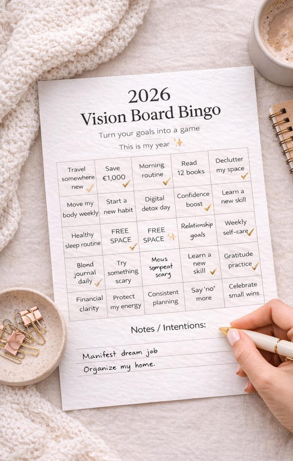 2026 Vision Board Bingo / Printable New Year Goals Card / Motivation ...