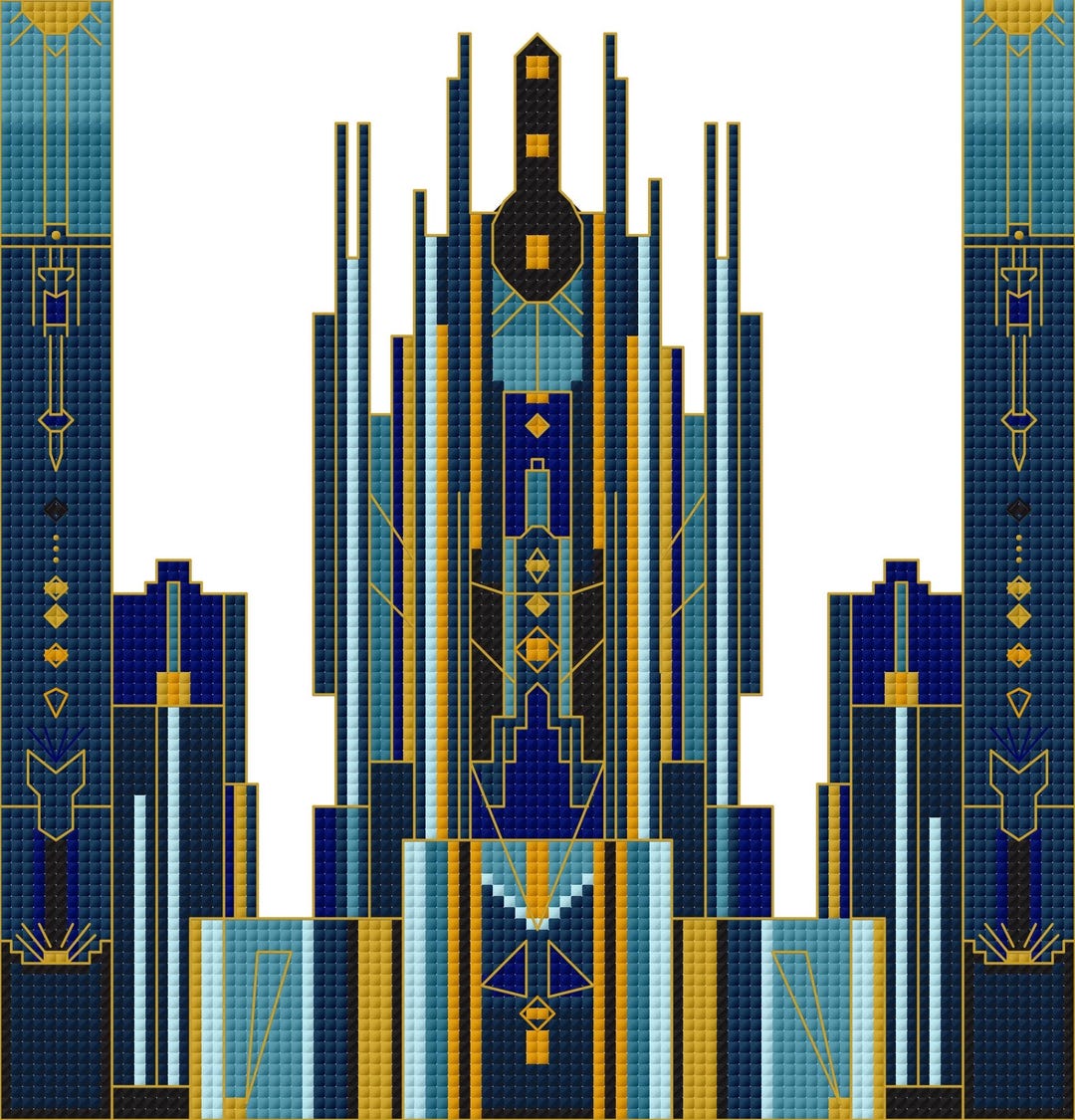 Art Deco Metropolis Cross Stitch Pattern - Blue & Gold Geometric ...
