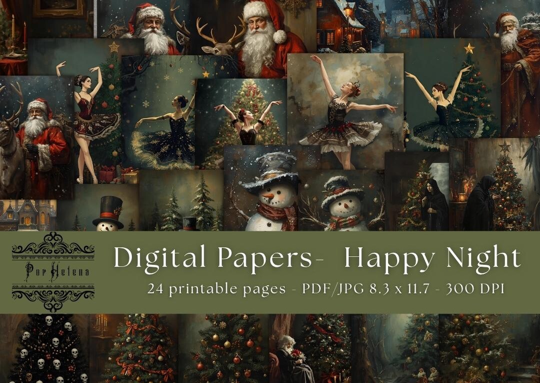 Happy Night Christmas Digital Papers | Dark Vintage Backgrounds | Dark ...