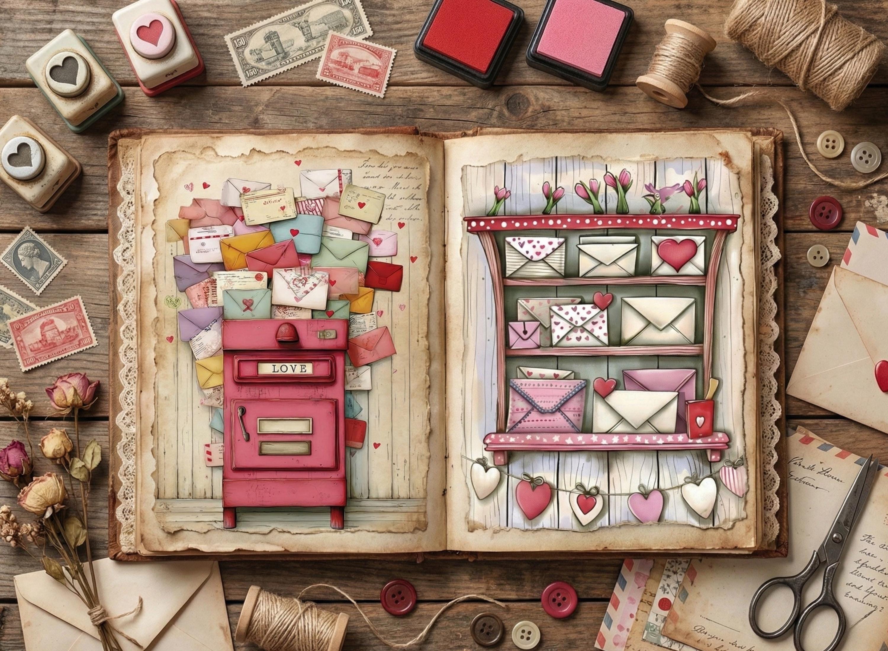 100 Valentine Postal Love Letter Watercolor Junk Journal Bundle ...