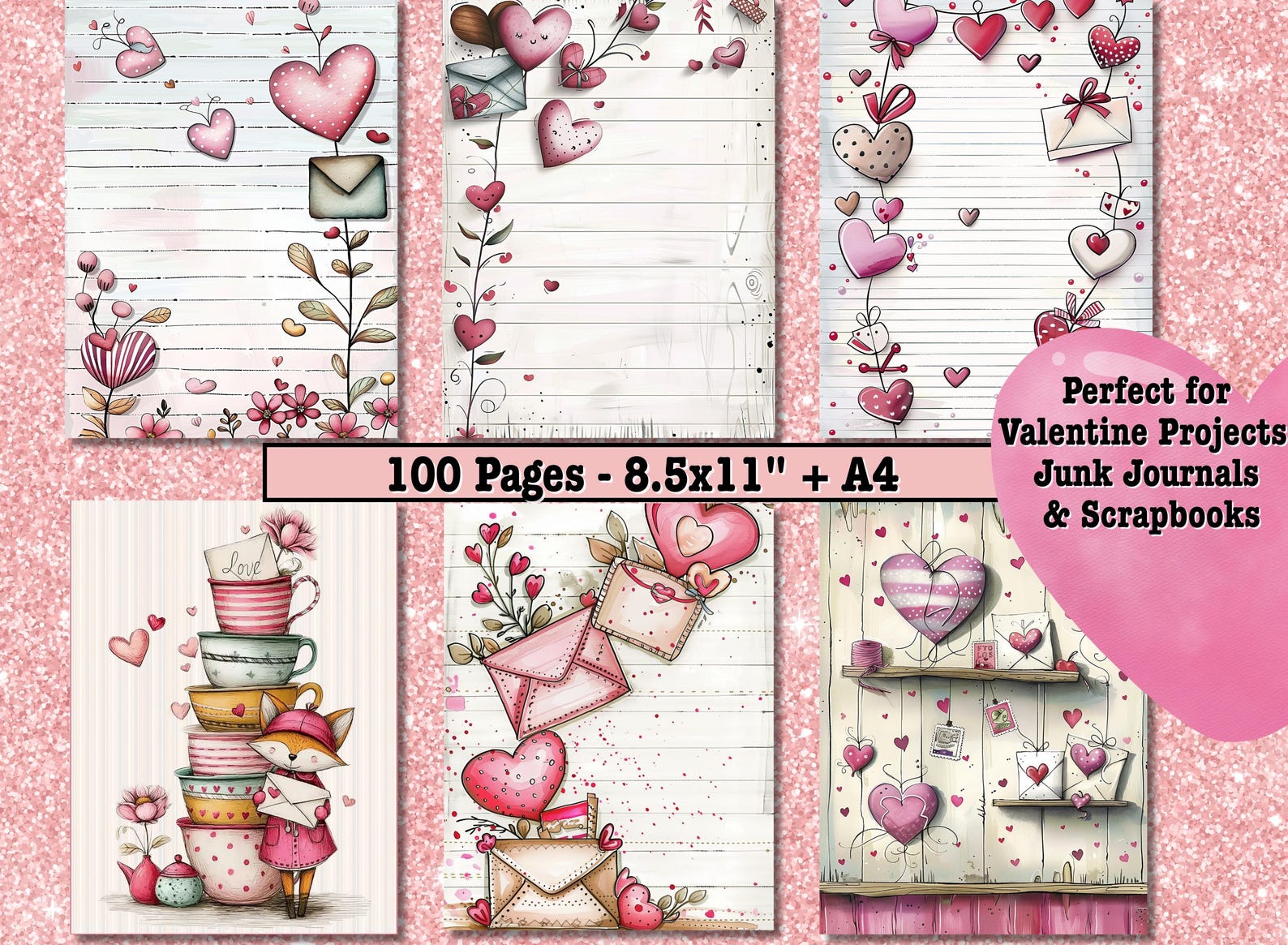 100 Valentine Postal Love Letter Watercolor Junk Journal Bundle ...