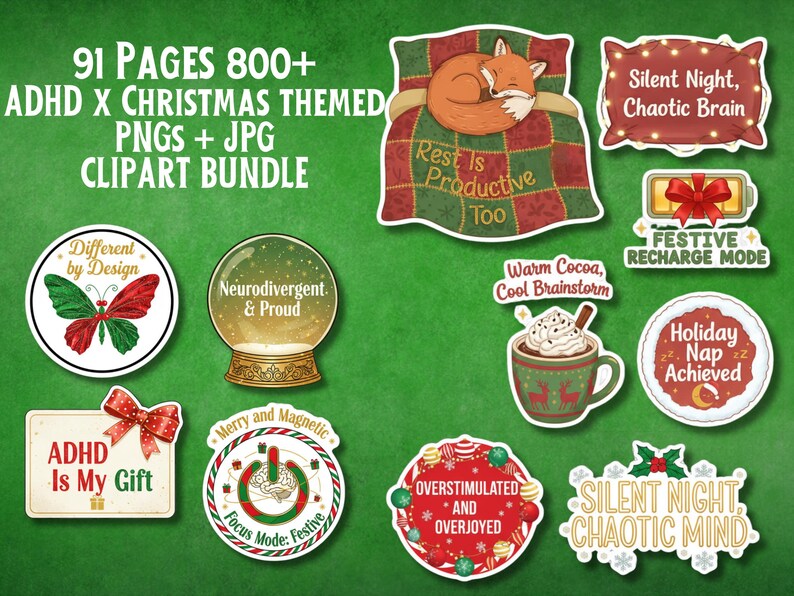 800+ ADHD Christmas Clipart PNG Bundle: Funny Holiday Stickers (digital ...