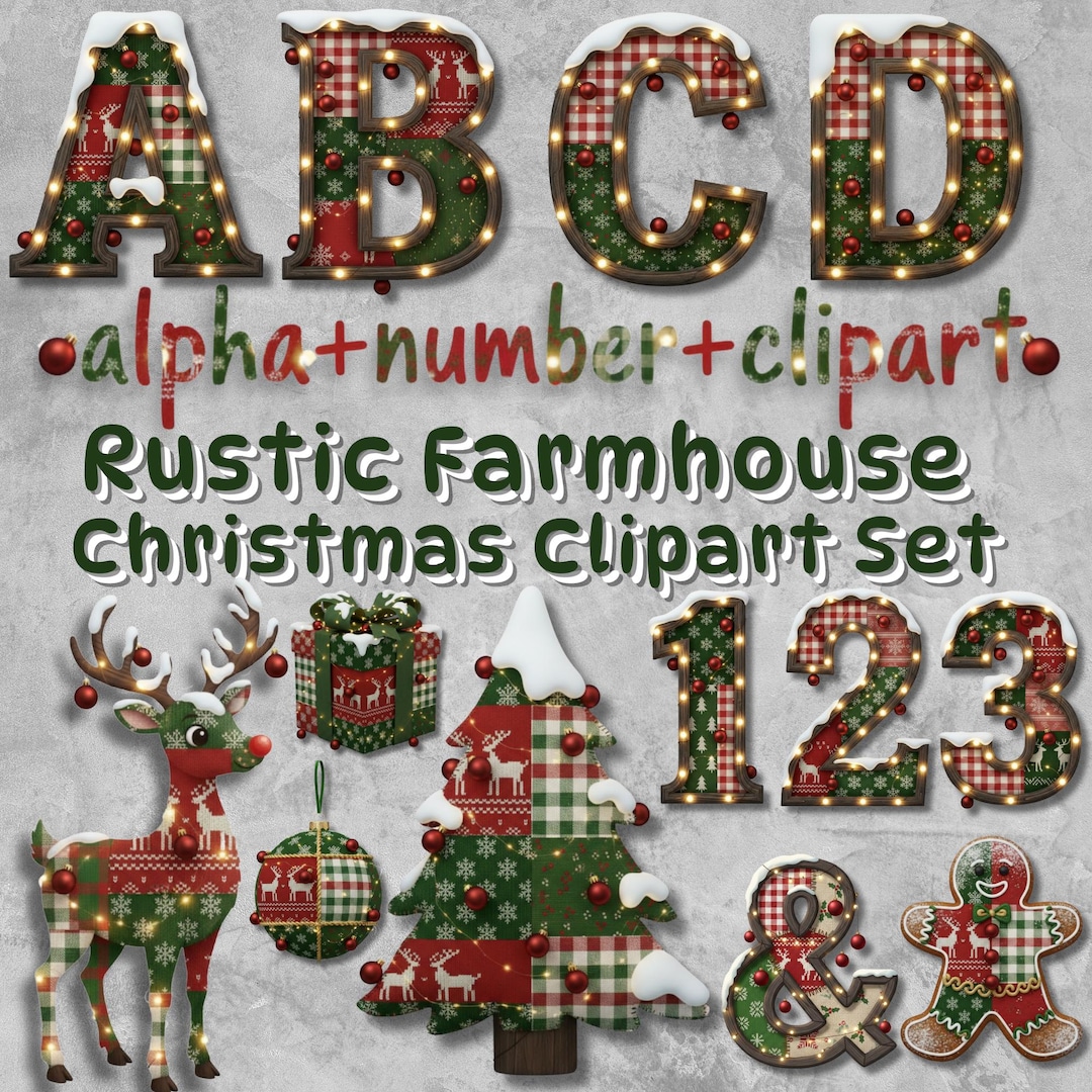 Rustic Farmhouse Christmas Clipart Bundle | Plaid Letters, Numbers ...