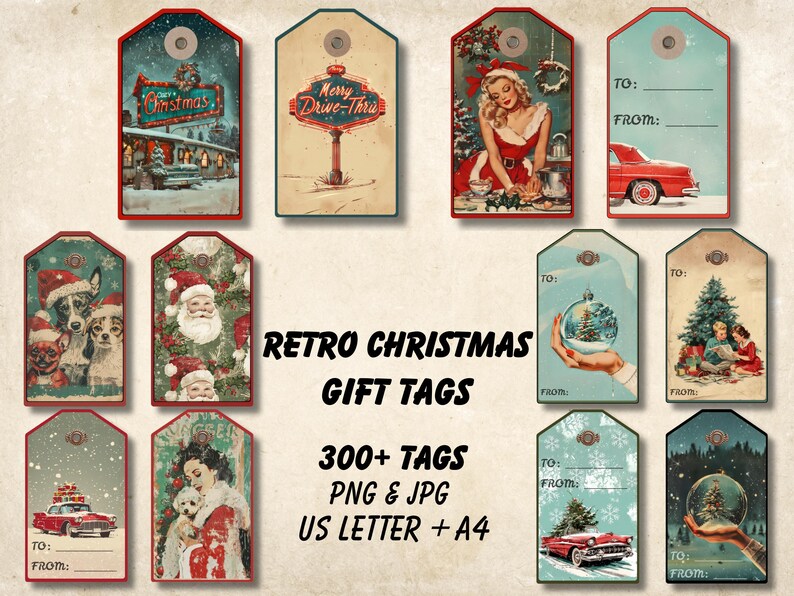 300+ Retro Christmas Gift Tags Printable | Vintage Holiday Labels Pdf ...