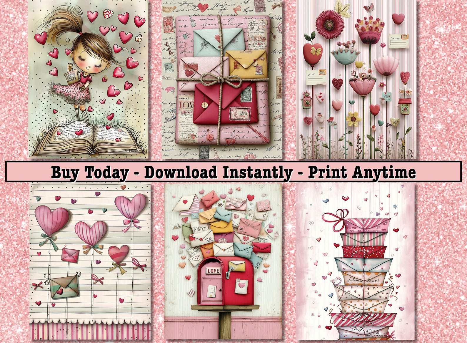 100 Valentine Postal Love Letter Watercolor Junk Journal Bundle ...