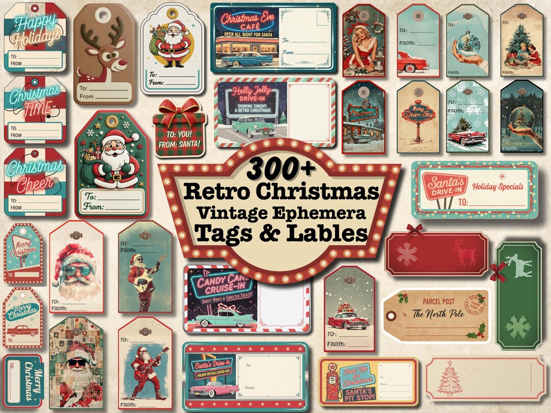 300+ Retro Christmas Gift Tags Printable | Vintage Holiday Labels Pdf ...