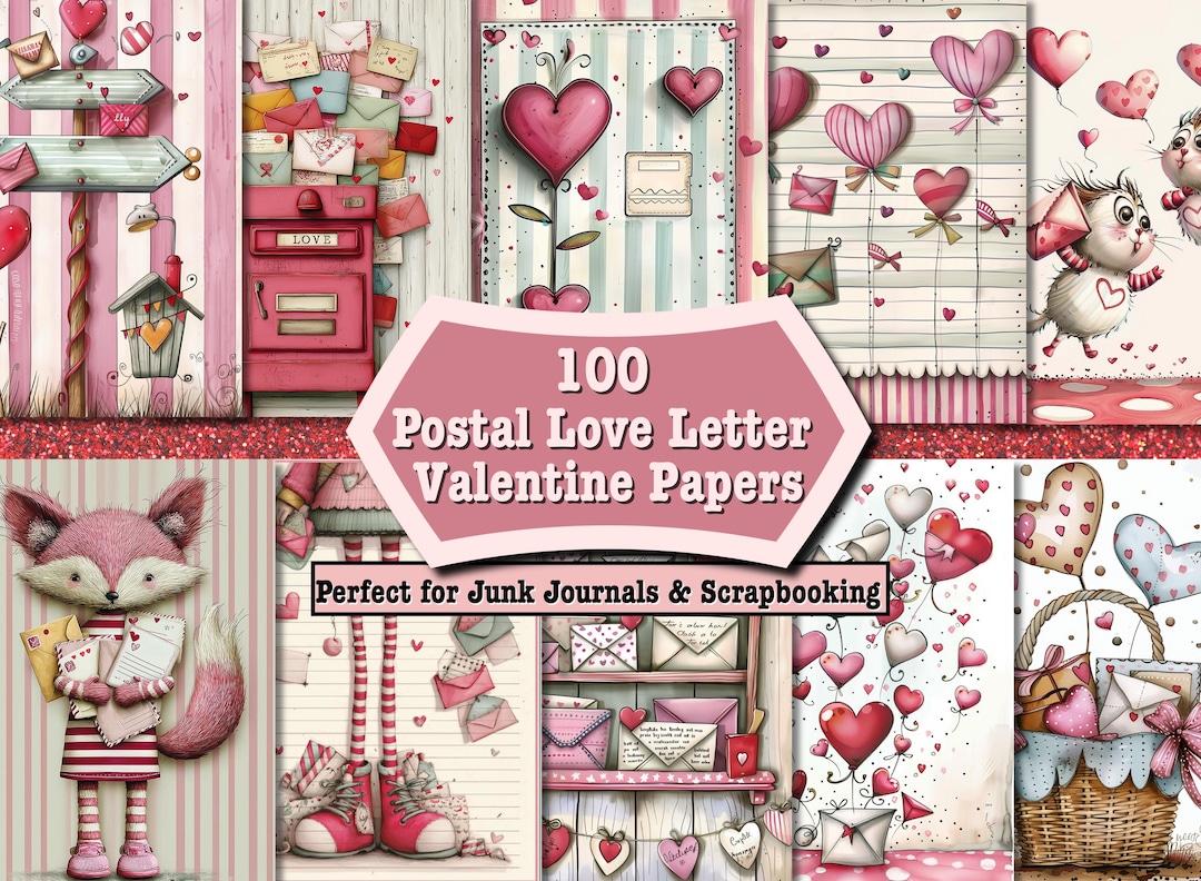 100 Valentine Postal Love Letter Watercolor Junk Journal Bundle ...