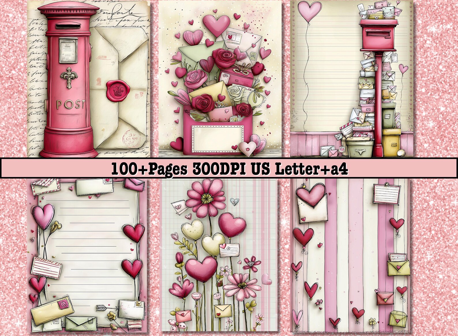 100 Valentine Postal Love Letter Watercolor Junk Journal Bundle ...