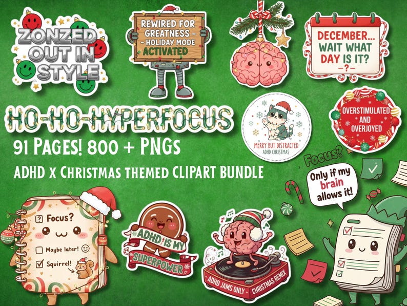 800+ ADHD Christmas Clipart PNG Bundle: Funny Holiday Stickers (digital ...