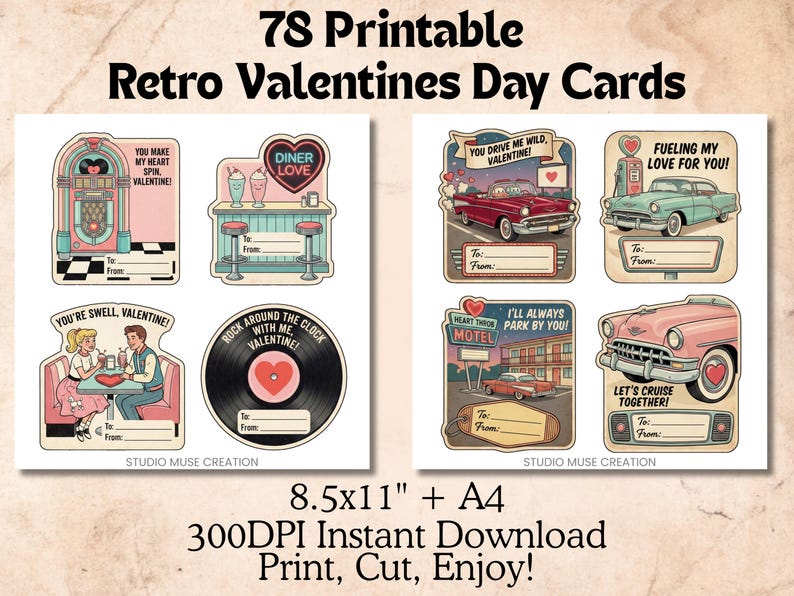 Retro Valentine Cards Printable, 78 Vintage Classroom Valentines, Retro ...