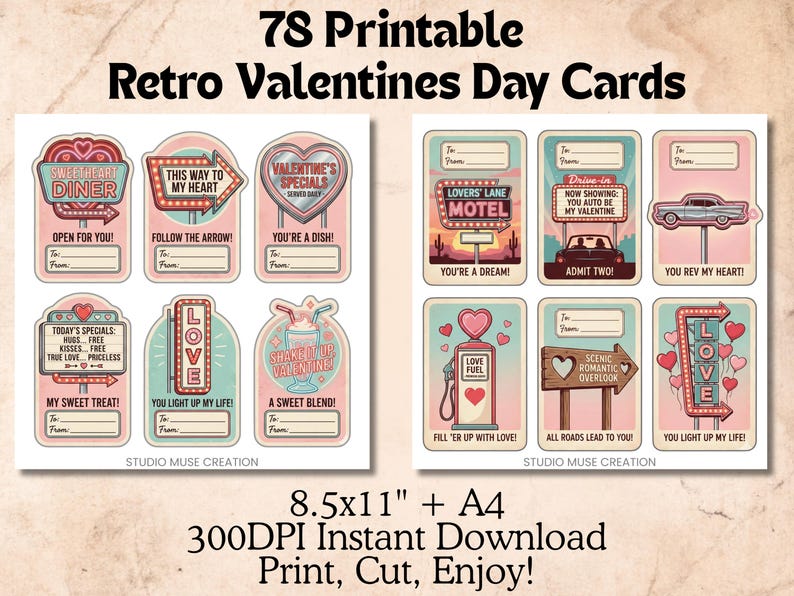 Retro Valentine Cards Printable, 78 Vintage Classroom Valentines, Retro ...