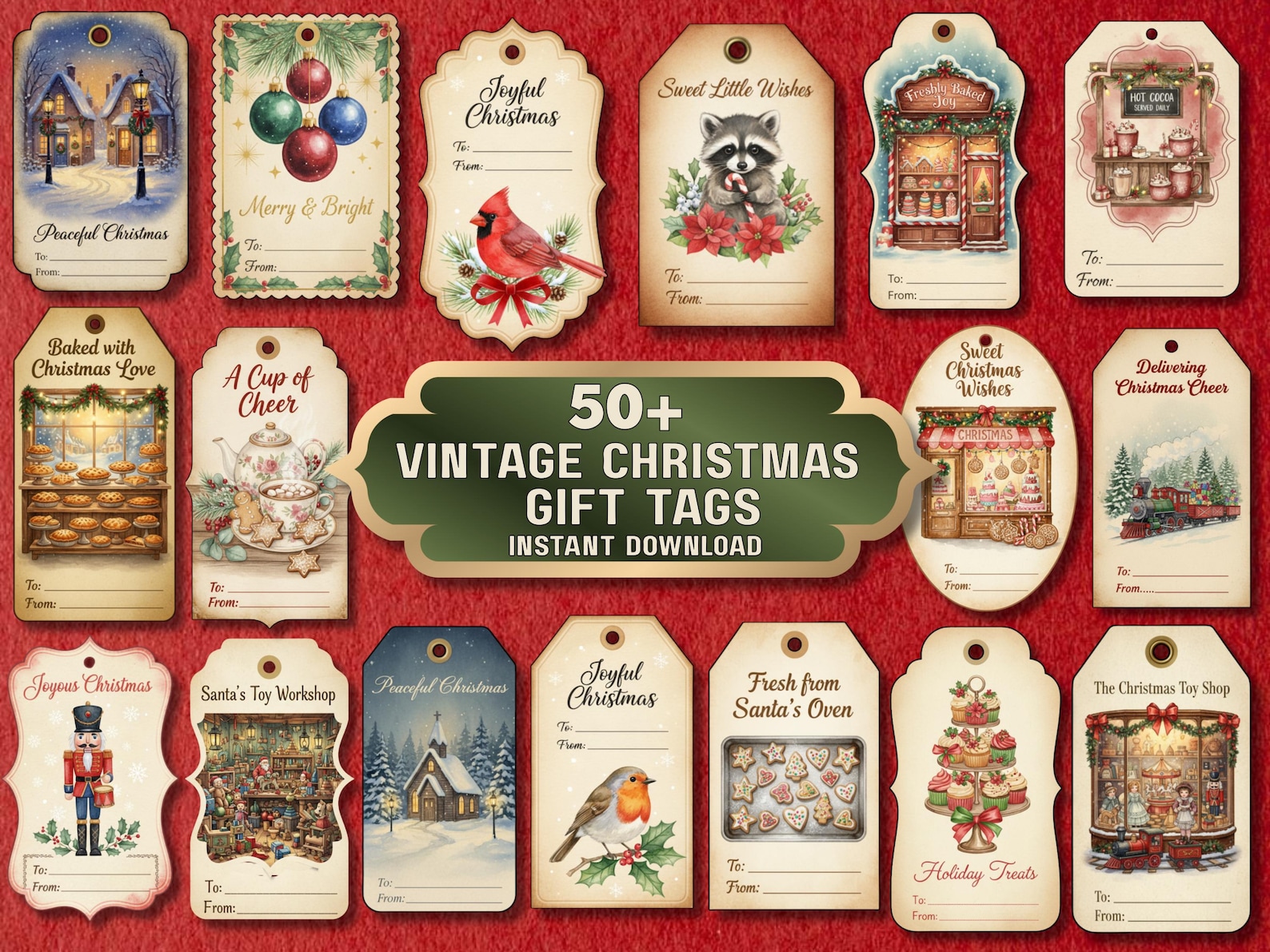 50 Vintage Christmas Gift Tags Printable - Holiday Tags for Gifts and ...