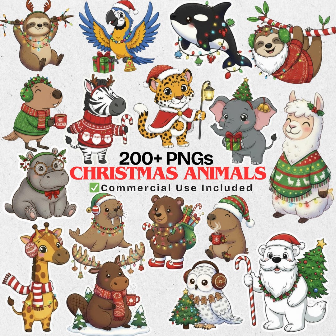 Christmas World Animals Clipart | 200+ Holiday PNG Sticker Pack - Etsy