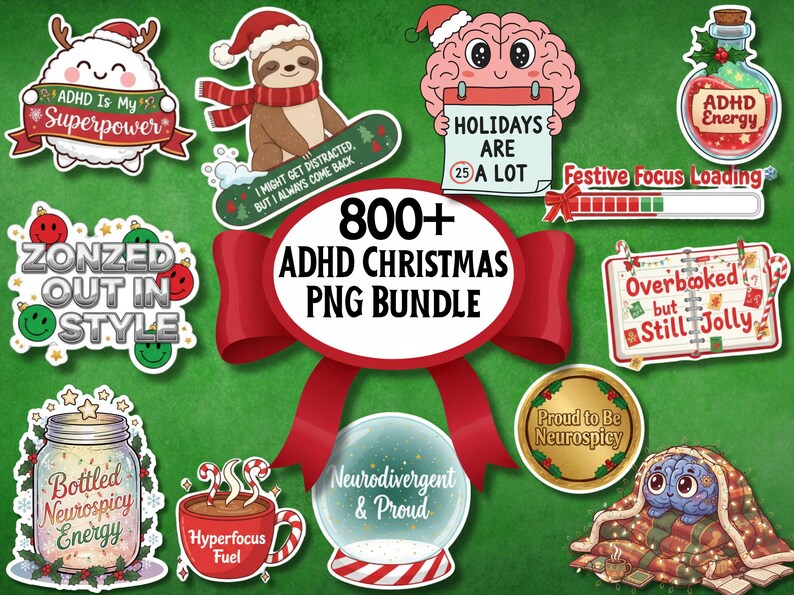 800+ ADHD Christmas Clipart PNG Bundle: Funny Holiday Stickers (digital ...
