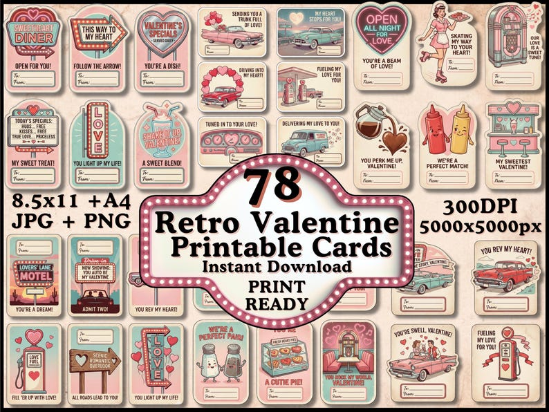 Retro Valentine Cards Printable, 78 Vintage Classroom Valentines, Retro ...