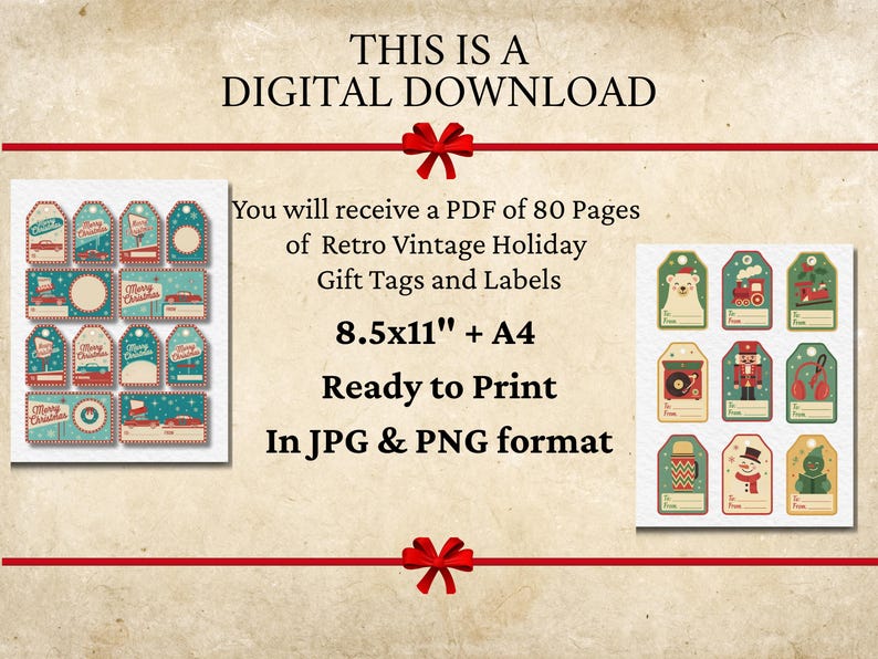 300+ Retro Christmas Gift Tags Printable | Vintage Holiday Labels Pdf ...