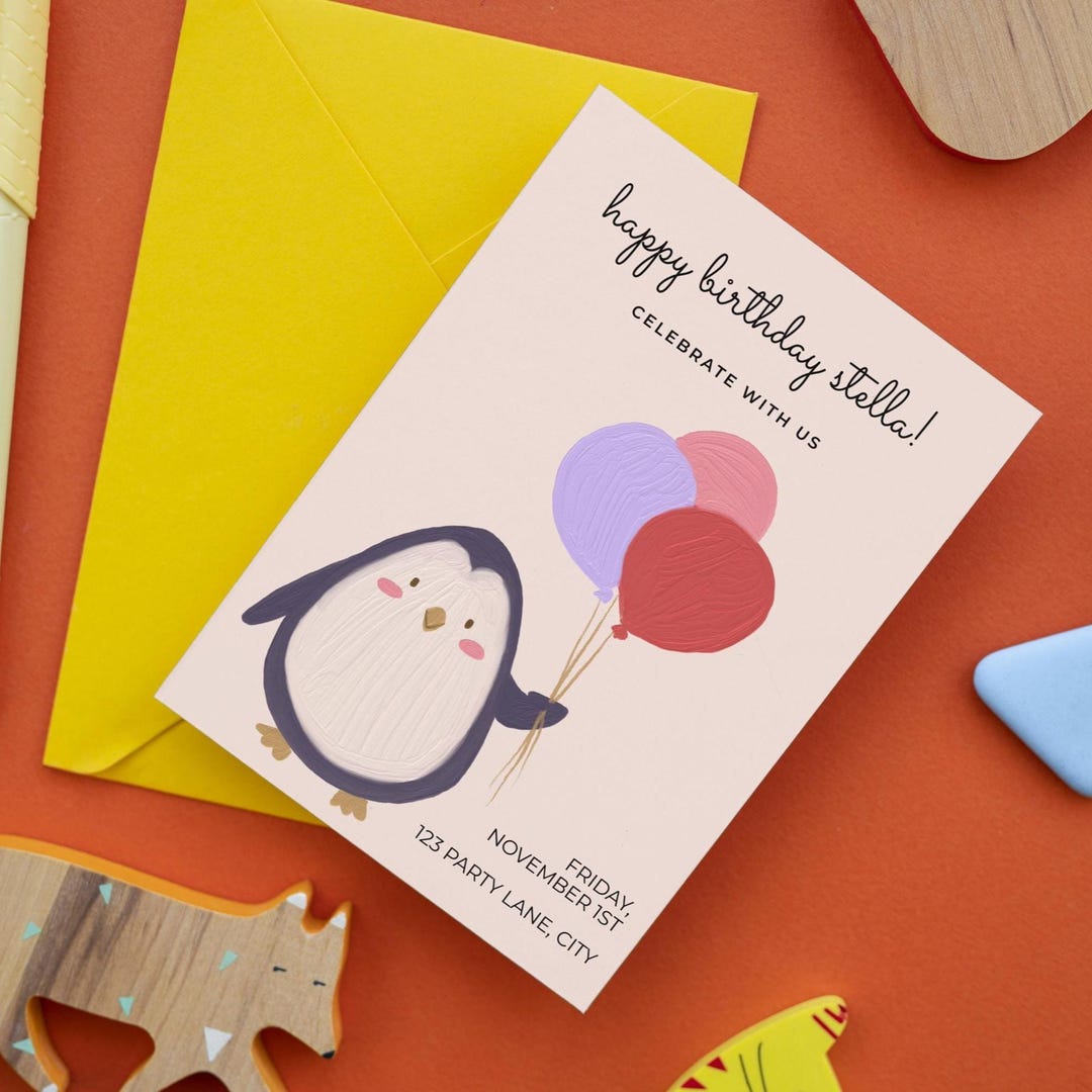 Editable Penguin Birthday Invitation Canva Template | Kids Birthday ...