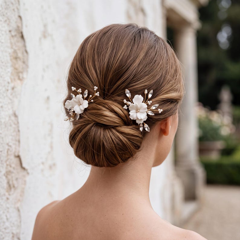 White Ceramic Flower Bridal Hair Pins Set, Silver Gold Wire Crystal ...