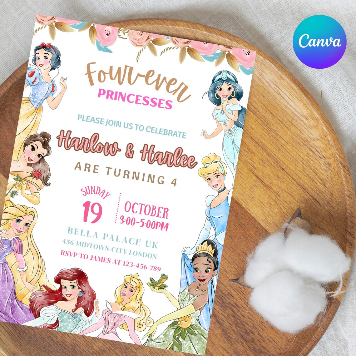 Princess Joint Birthday Invitation Princess Invitation Double Party ...