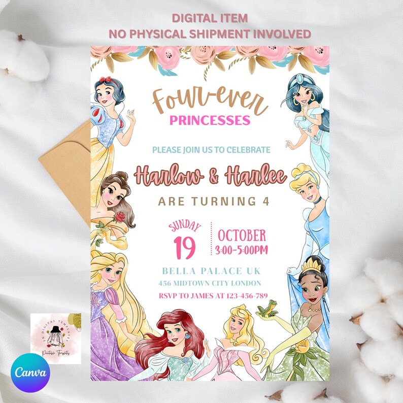 Princess Joint Birthday Invitation Princess Invitation Double Party ...