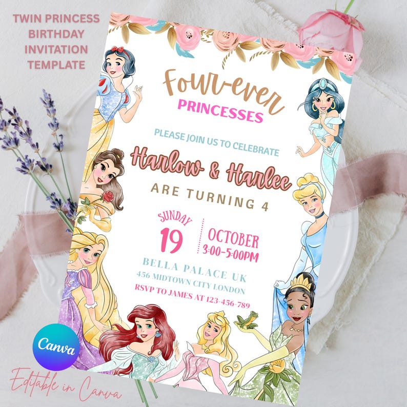 Princess Joint Birthday Invitation Princess Invitation Double Party ...