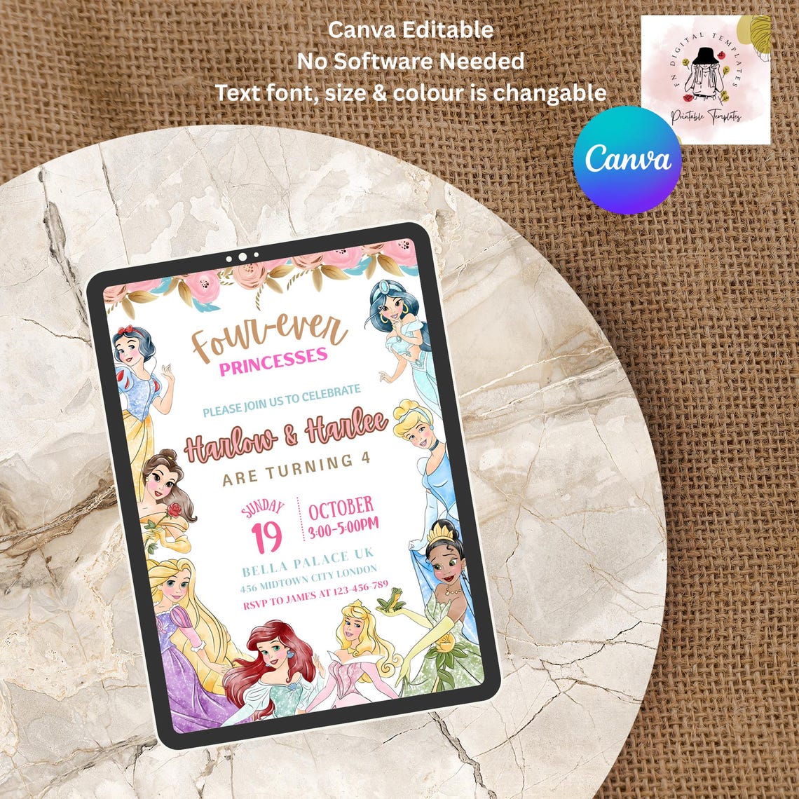 Princess Joint Birthday Invitation Princess Invitation Double Party ...