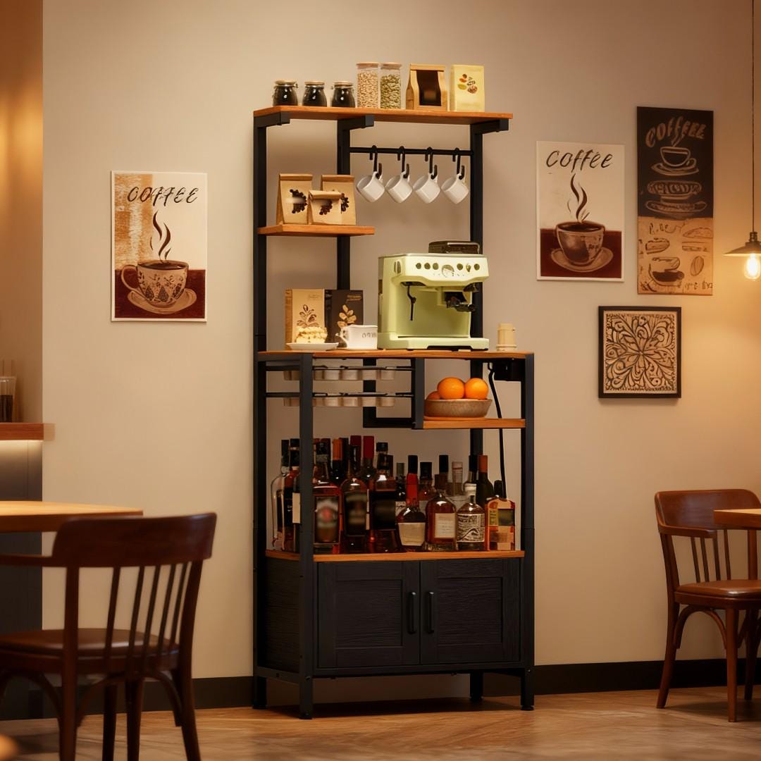 Bakers Rack With Power Outlet, Coffee Bar With Storage Cabinet & Pod ...