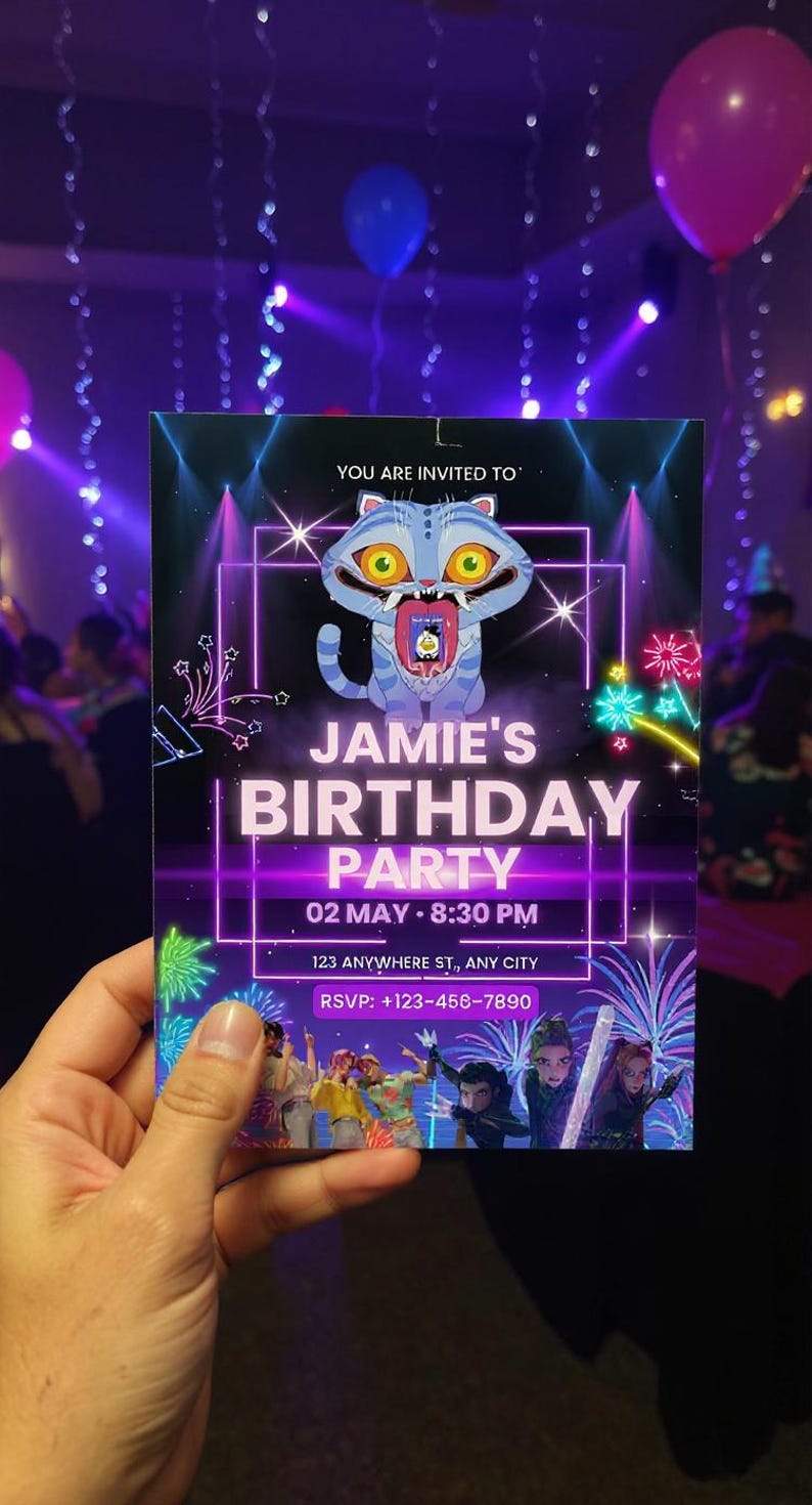 KPOP Demon Hunters Birthday Invitation, Editable Neon Cat (digital) - Etsy