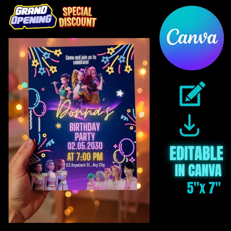 KPOP Demon Hunters Birthday Invitation, Neon Theme (editable Canva ...