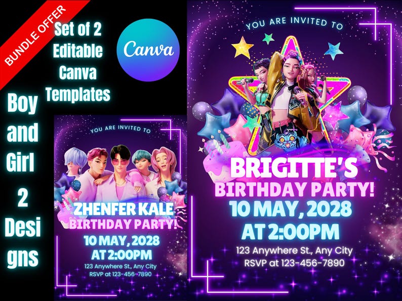 KPOP Demon Hunters Birthday Invitation, Editable Neon Warriors (digital ...