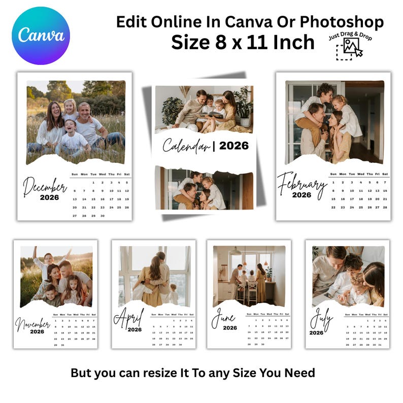2026 Photo Calendar Template, Monthly Editable Custom Photo Wall ...