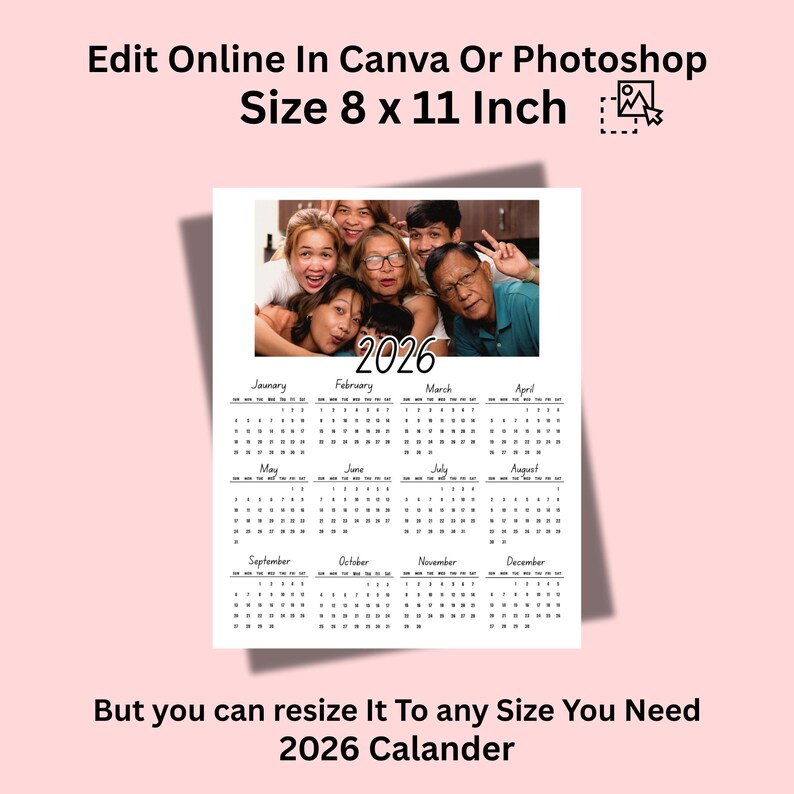 Editable 2026 Photo Calendar Template, Custom Photo Wall Calendar ...