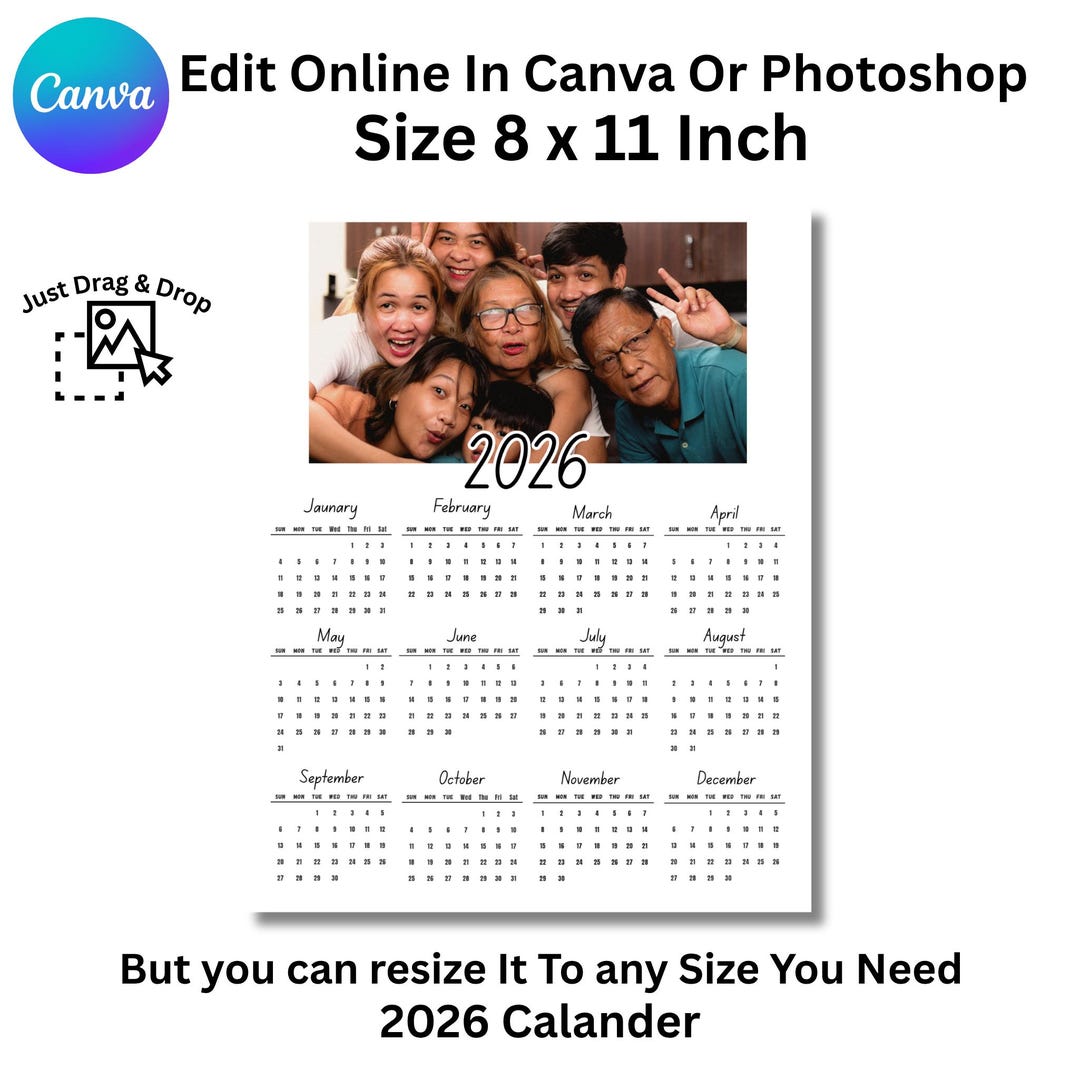 Editable 2026 Photo Calendar Template, Custom Photo Wall Calendar ...