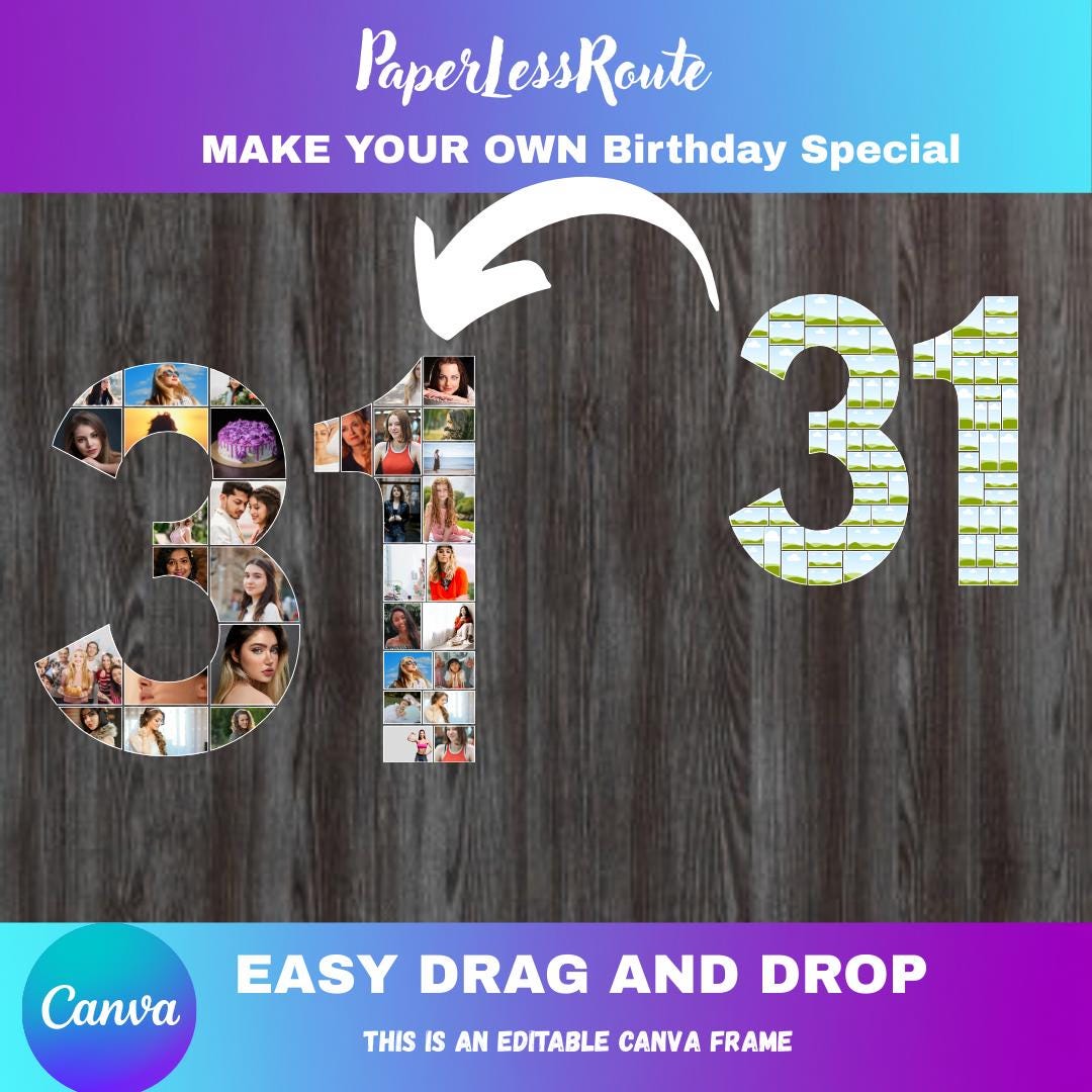 31st Birthday Photo Collage Template, Editable Number 31 Collage ...