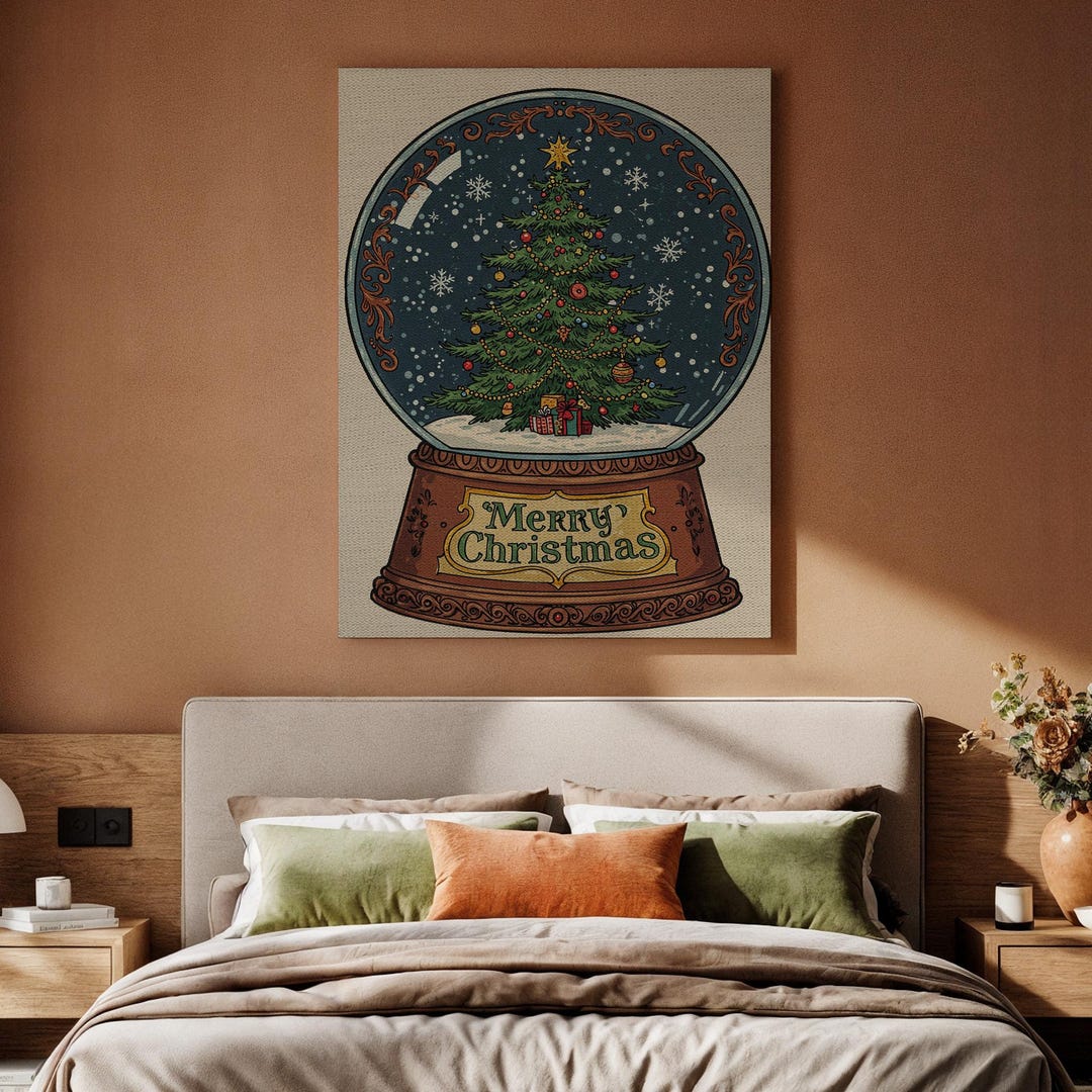 Vintage Christmas Snow Globe Canvas Art, Retro Holiday Snow Globe With ...
