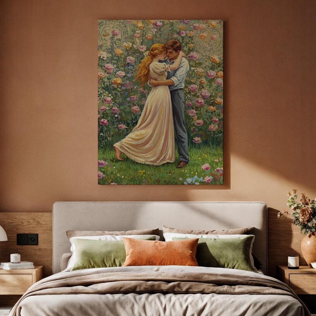 Romantic Couple Embrace Canvas Wall Art, Intimate Garden Love Painting ...