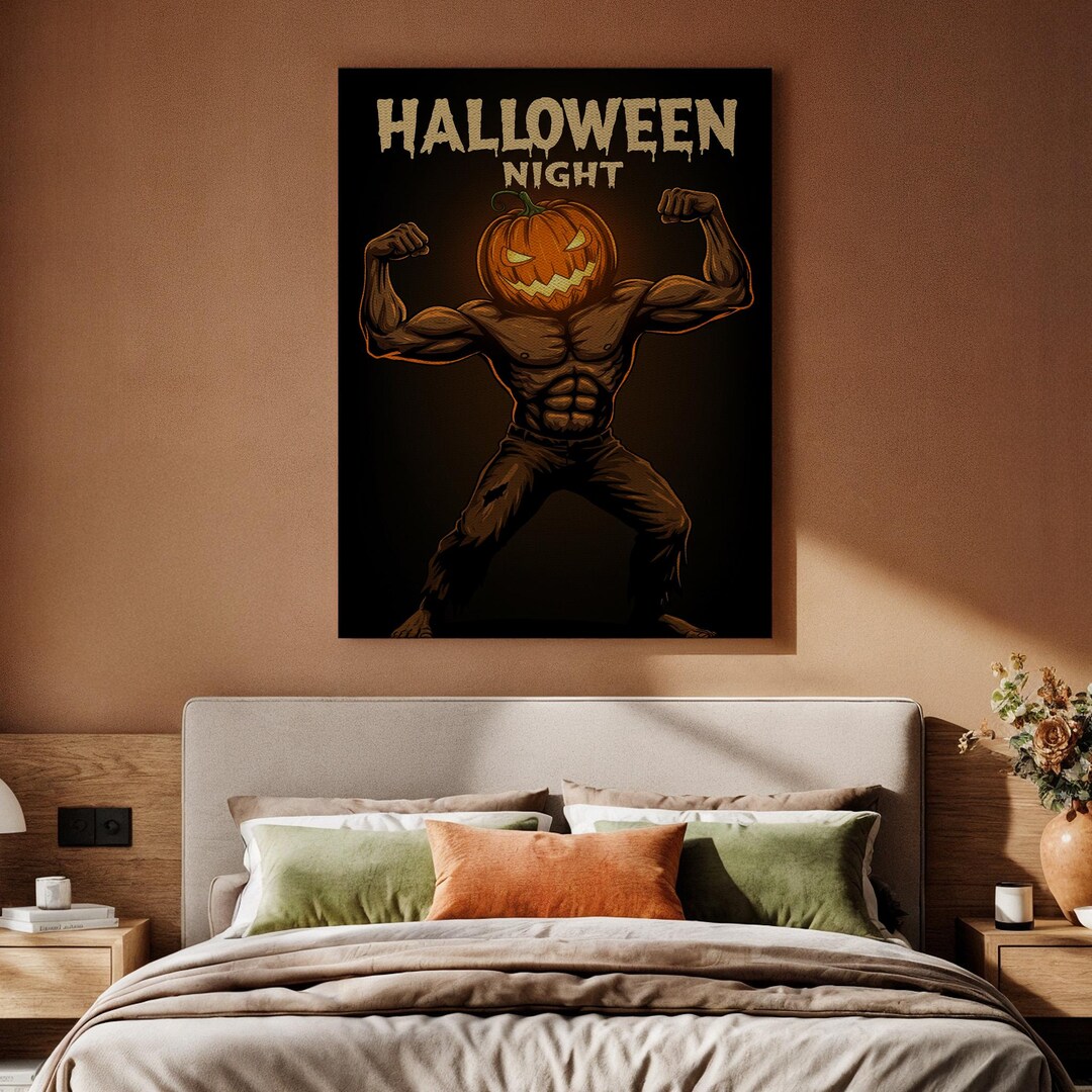 Muscular Pumpkin Head Halloween Canvas Wall Art, Spooky Jack O’ Lantern ...