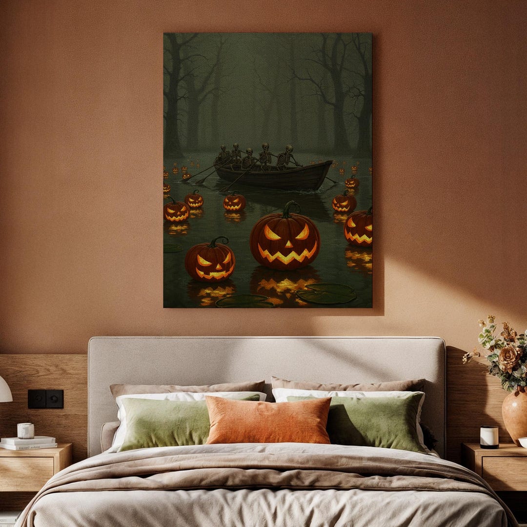 Skeletons Rowing Boat With Floating Jack O Lanterns Canvas, Spooky ...