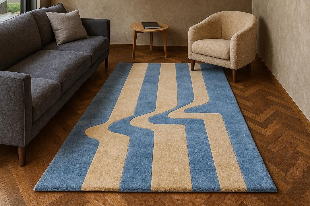 Modern Abstract Wavy Line Area Rug, Blue and Beige Woven Carpet, Hand ...