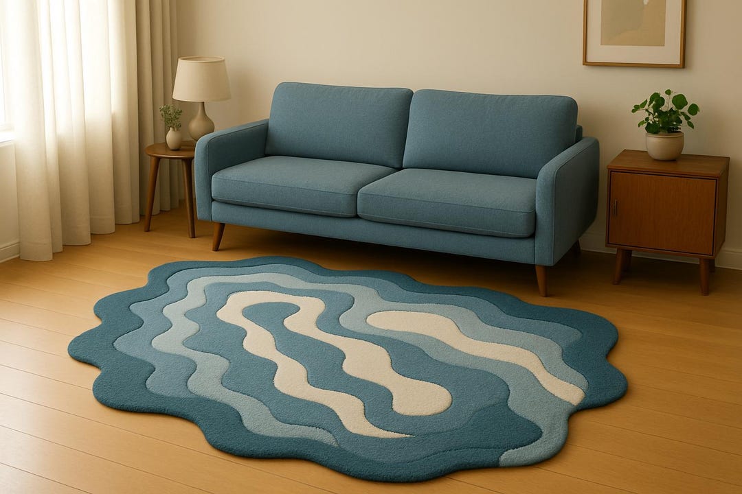 Unique Blob Shape Tufted Rug | Teal & Cream Abstract Wavy Floor Mat ...