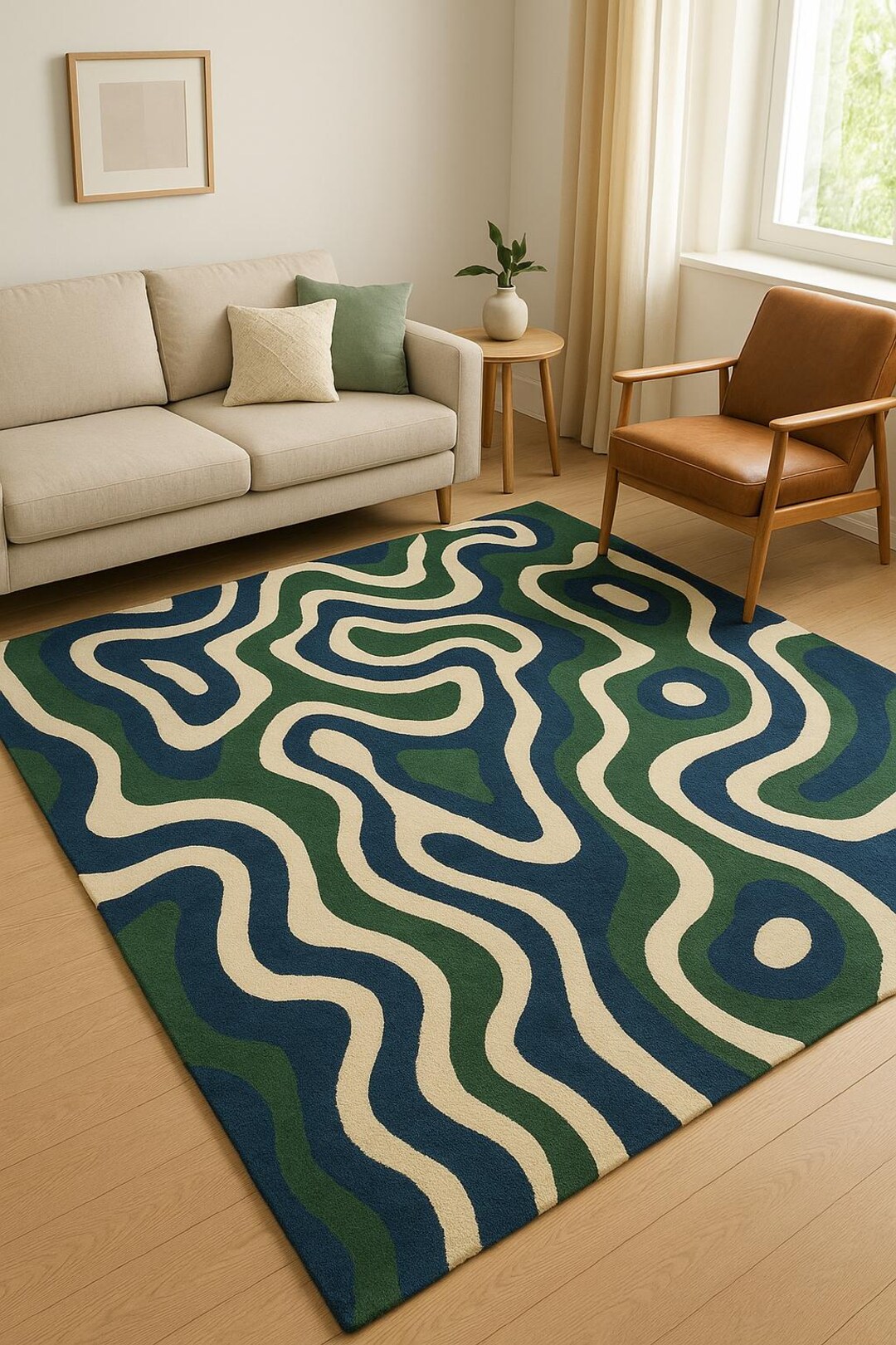 Modern Abstract Hand-tufted Wool Area Rug – Green Blue Beige Wavy ...